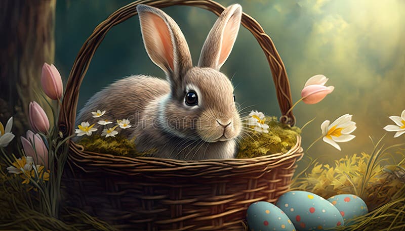Cute Easter Bunny in a Basket Stock Illustration - Illustration of ...