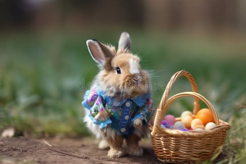 Cute Easter Bunny with a Basket Full of of Colorful Eggs - Illustration ...