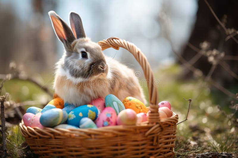 Cute Easter Bunny with a Basket Full of of Colorful Eggs - Illustration ...