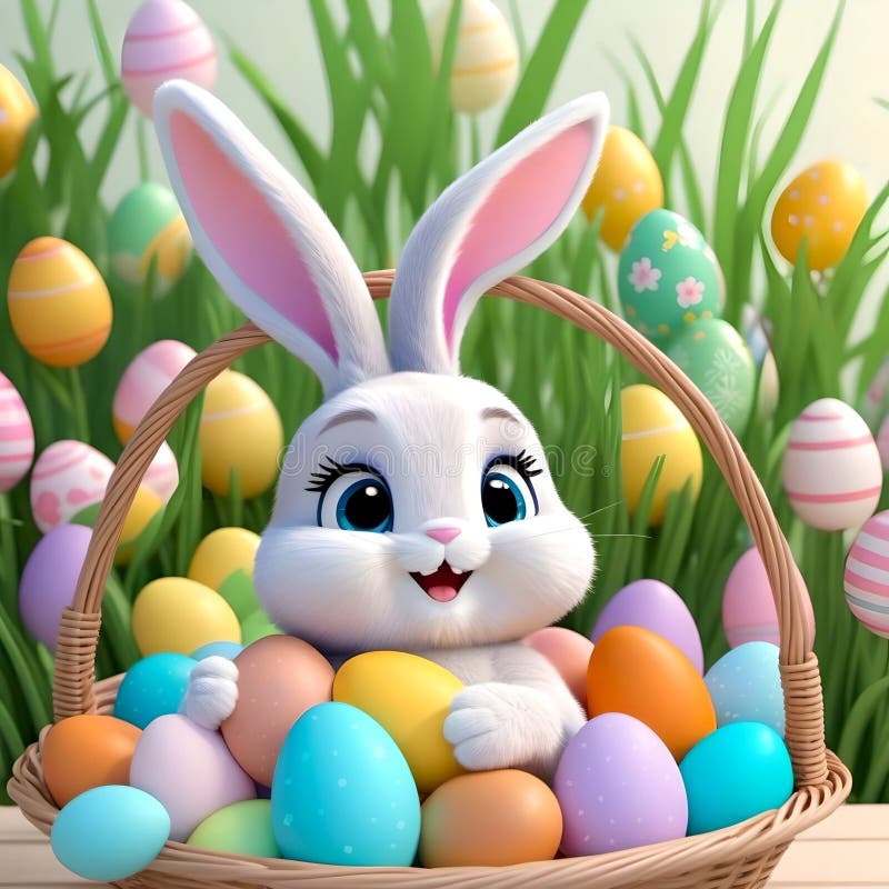 Cute Easter Bunny in a Basket Full of Decorated Eggs Stock Photo ...