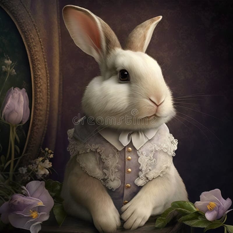 Cute Easter Bunny in a Beautiful Outfit with Colored Eggs and Flowers ...