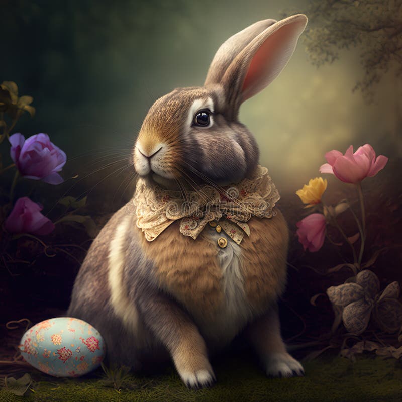 Cute Easter Bunny in a Beautiful Outfit with Colored Eggs and Flowerss ...