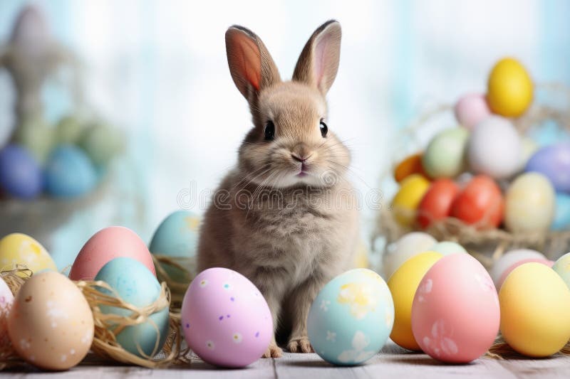 A Cute Easter Bunny with Big Eyes and Eggs and Decoration Stock Photo ...