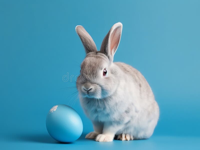 Cute Easter Bunny with Blue Egg on Blue Background. Studio Shot. Made ...