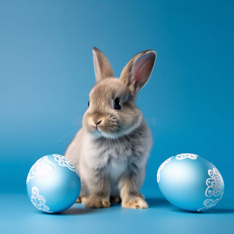 Cute Easter Bunny with Blue Eggs on a Blue Background Stock ...