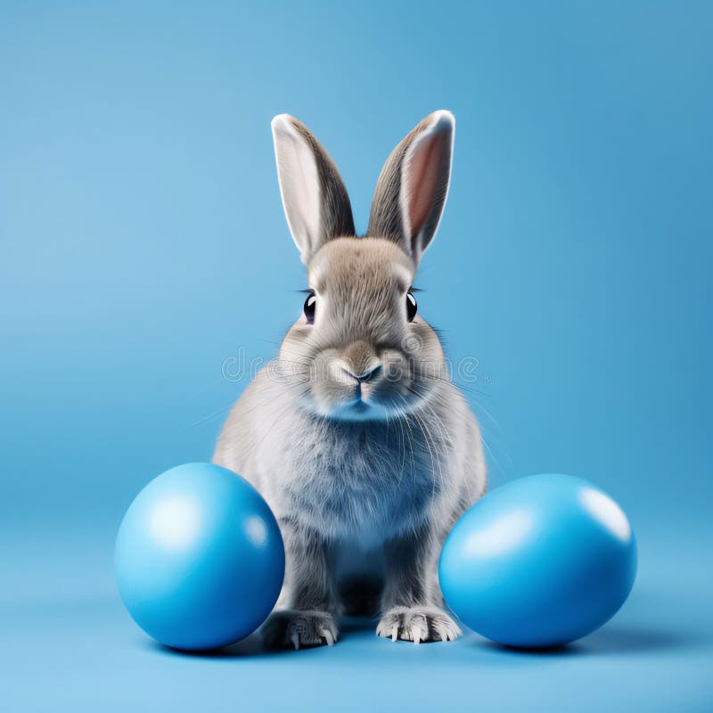Cute Easter Bunny with Blue Eggs on Blue Background. Studio Shot Stock ...