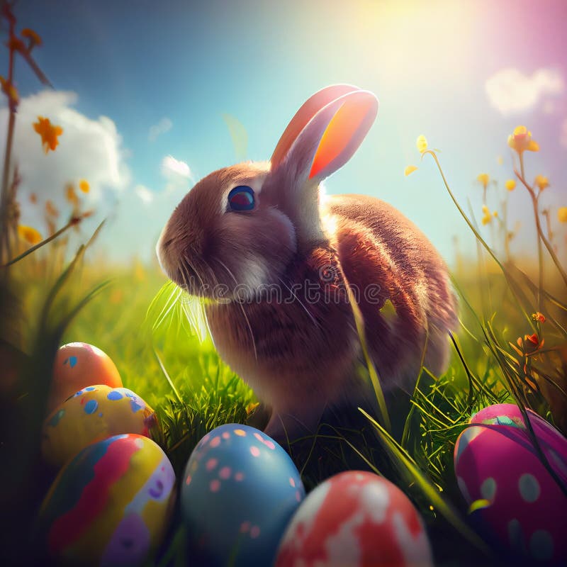 Happy Easter Bunny in the Bright Rays of the Sun on a Green Lawn and ...