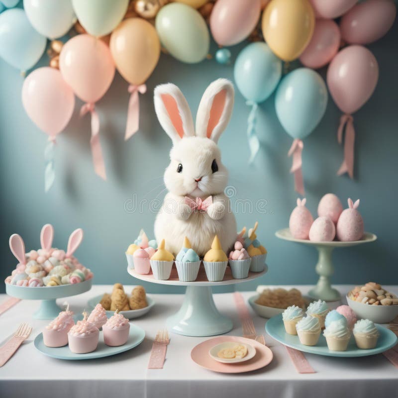 Cute Easter Bunny and Cake on Table with Pastel Color Balloons ...