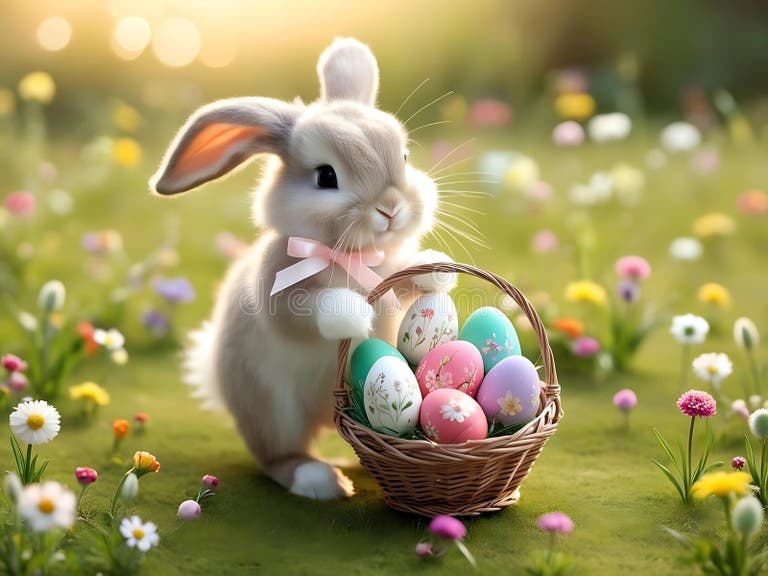 Cute Easter Bunny and Basket of Easter Eggs Stock Image - Image of ...