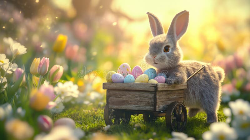 Cute Easter Bunny with a Cart of Colorful Eggs in Spring Meadow Stock ...