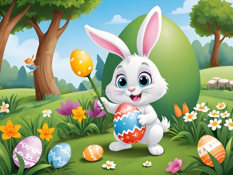 Cute Easter Bunny Cartoon Painting an Egg in the Garden Stock ...