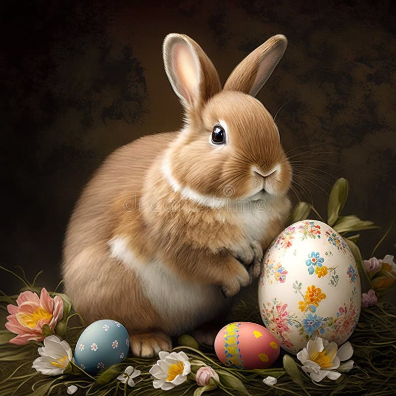 Cute Easter Bunny with Colored Eggs, Ai Generated Stock Image - Image ...