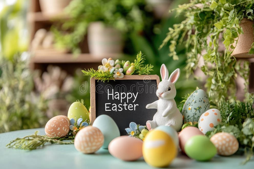 Cute Easter Bunny with Colorful Eggs and Chalkboard Greeting Stock ...