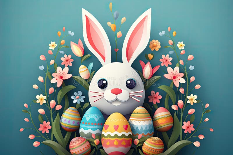 Cute Easter Bunny and Colorful Eggs Holiday Design AI Generated Stock ...