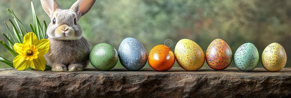 Cute Easter Bunny with Daffodil Flower and Seven Easter Eggs on Stone ...