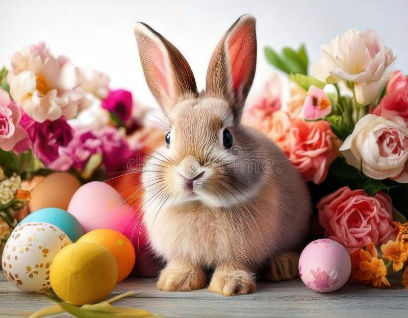 Cute Easter Bunny with Decorated Eggs and Flowers an Adorable Easter ...