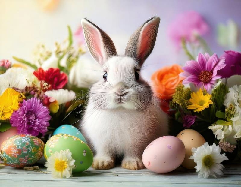 Cute Easter Bunny with Decorated Eggs and Flowers an Adorable Easter ...