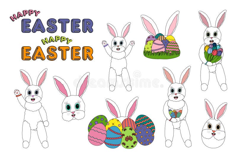 Cute Easter Bunny and Decorated Eggs Set Stock Illustration ...