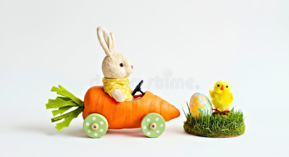 Cute Easter Bunny Driving Carrot Car with Chick and Decorated Egg ...