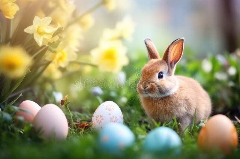Cute Easter Bunny With Easter Eggs Holiday Background Generative Ai Stock Illustration