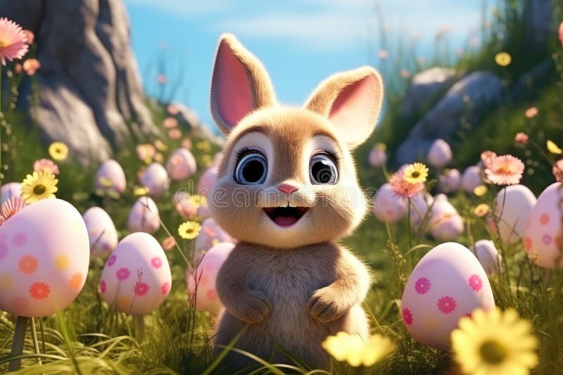 Cute Easter Bunny with Easter Eggs. Holiday Background Generative Ai ...