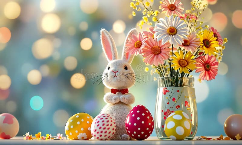 Cute Easter Bunny, Easter Eggs and Spring Flowers Background Stock ...