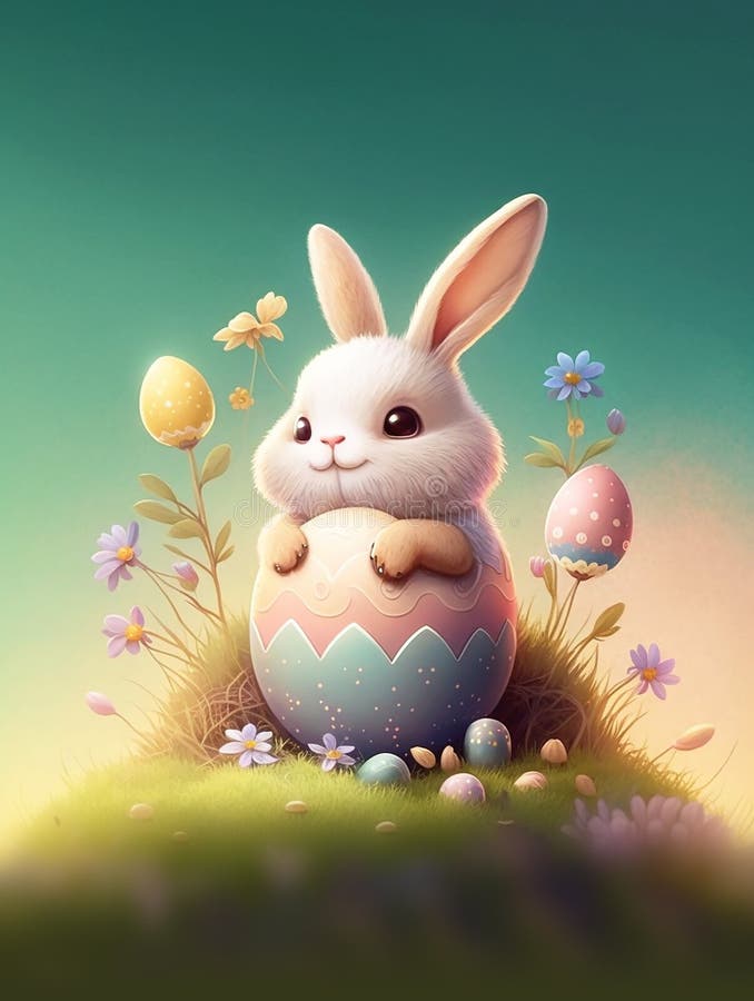 Cute Easter Bunny and Easter Eggs and Spring Flowers in Pastel Colours ...