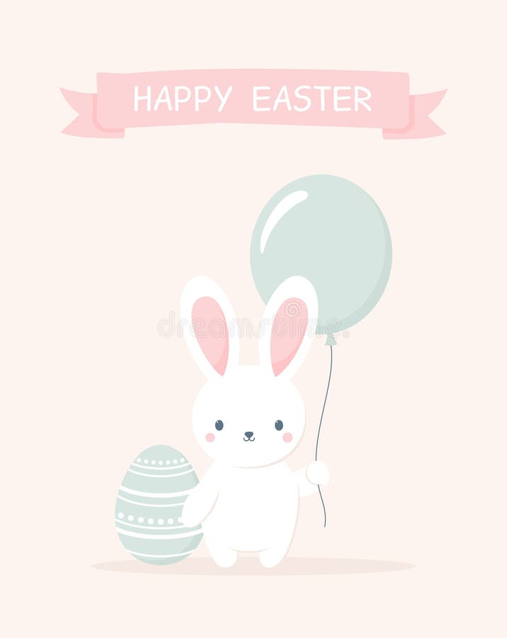 Cute Easter Bunny with Easter Egg and Balloon. Easter Greeting Card ...