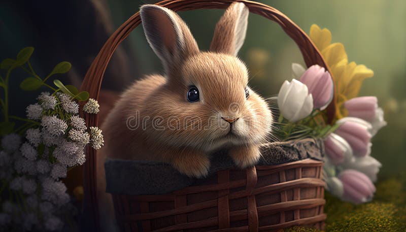 Cute Easter Bunny and Egg in a Basket in Forest Stock Illustration ...