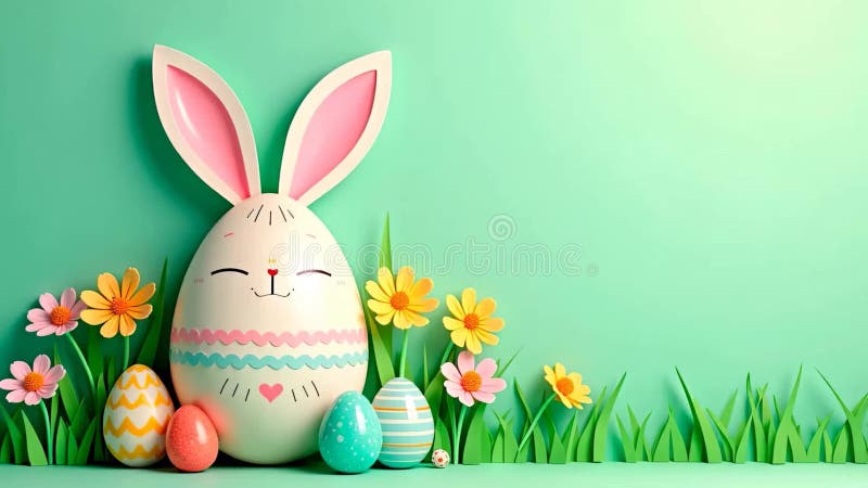 Cute Easter Bunny Egg with Flowers and Grass on Pastel Green Background ...