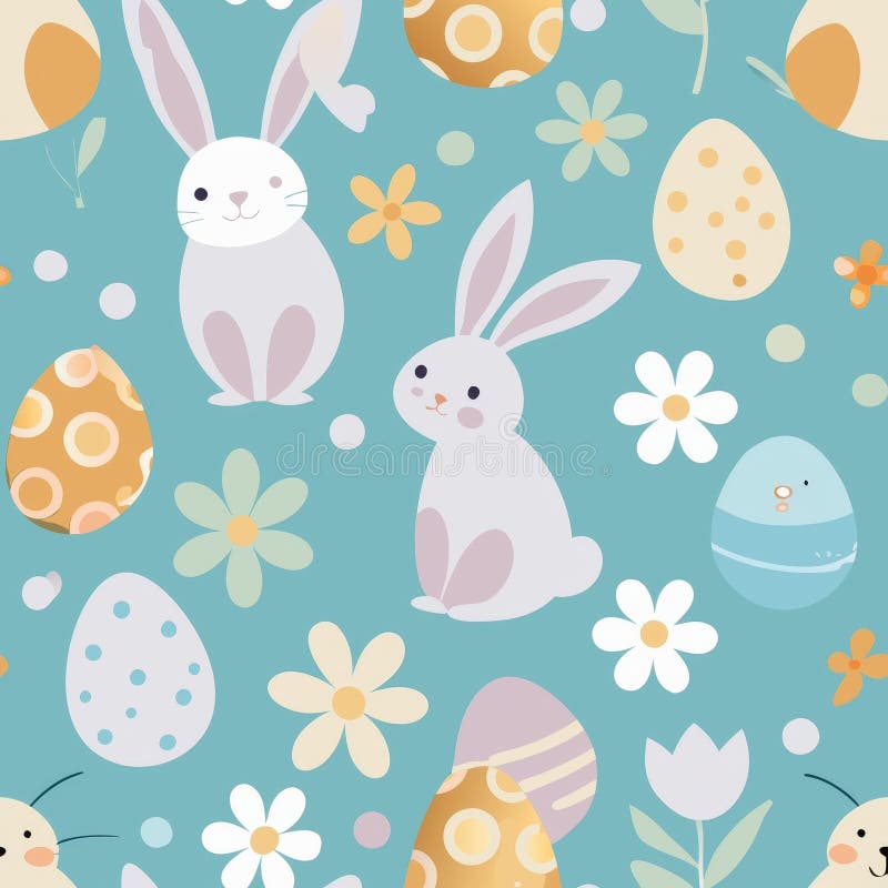 Cute Easter Bunny and Egg Pattern with Spring Flowers on Teal ...