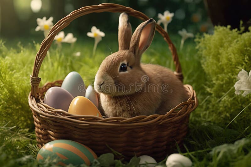 Cute Easter Bunny with Easter Eggs in a Basket on a Flower Meadow on a ...