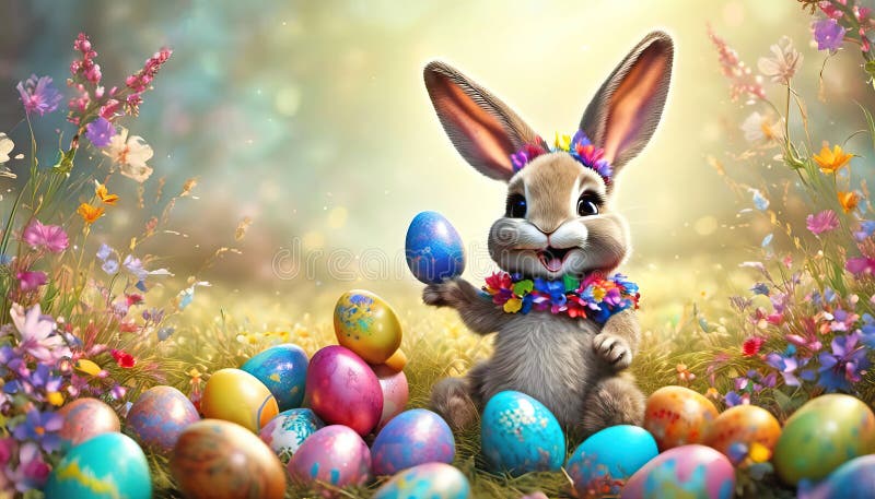 Cute Easter Bunny with Eggs and Copy Space Stock Illustration ...