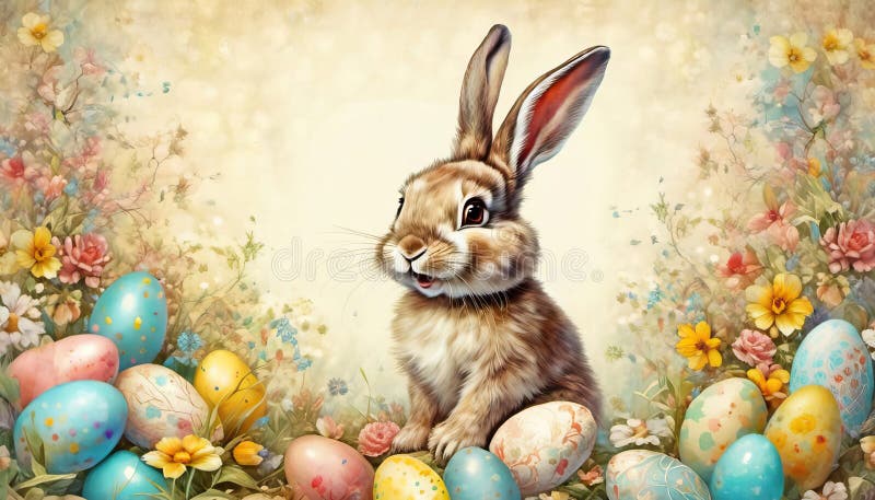 Cute Easter Bunny with Flowers Digital Art Illustratio Stock ...