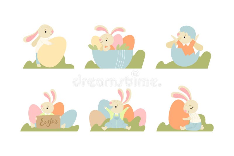 Cute Easter Bunny with Eggs in the Garden Vector Set Stock Vector ...