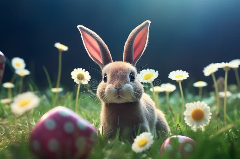 Cute Easter Bunny and Easter Eggs with Green Grasses and Flower ...