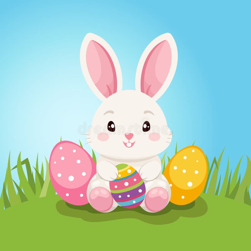Cute Easter Bunny with Eggs, Happy Easter Greeting Card Stock Vector ...