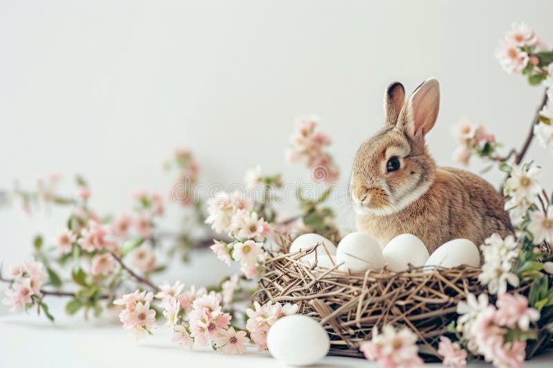 Cute Easter Bunny with Eggs in a Nest Stock Illustration - Illustration ...