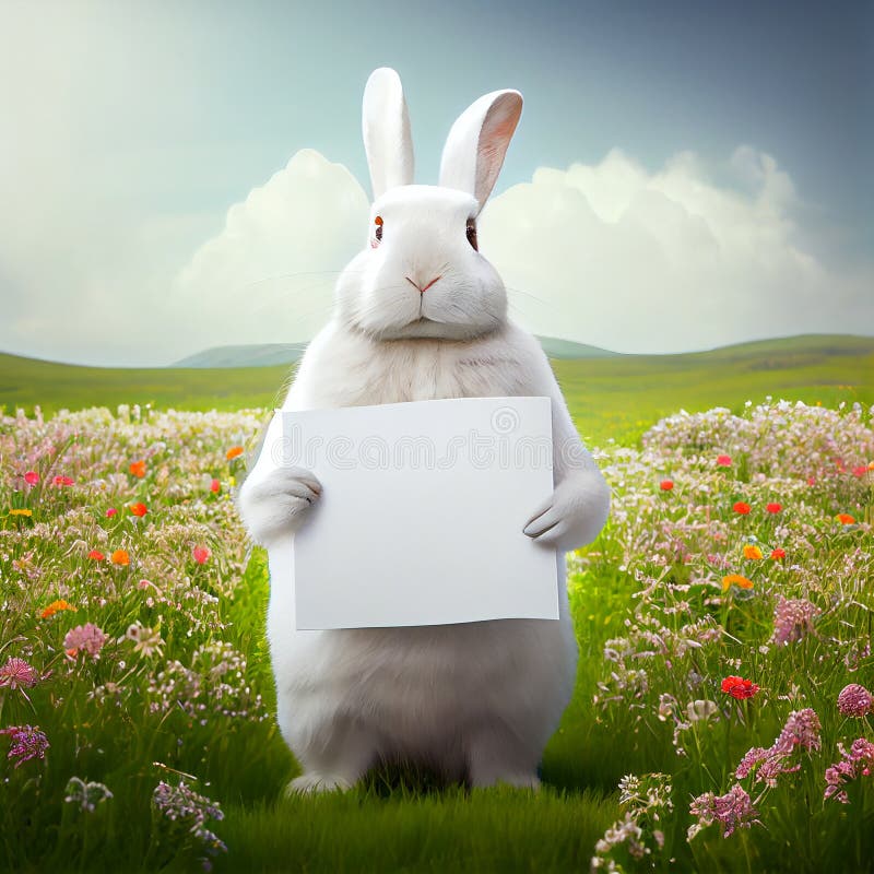 Cute Easter Bunny in the Field with Empty White Paper. Generative AI ...