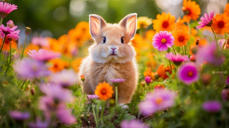 Cute Easter Bunny in a Field with Flowers in Nature, in the Sun& X27;s ...