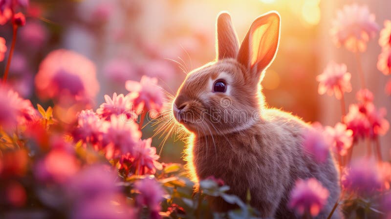 Cute Easter Bunny in a Field with Flowers in Nature, in the Sun& X27;s ...
