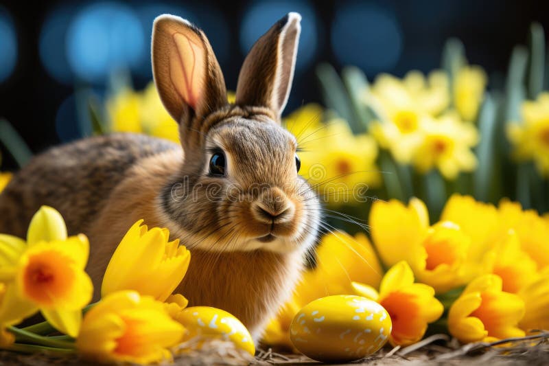 Cute Easter Bunny with Flowers Background. Concept and Idea of Happy ...