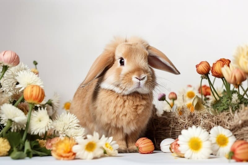 Cute Easter Bunny with Flowers and Easter Eggs, White Background ...