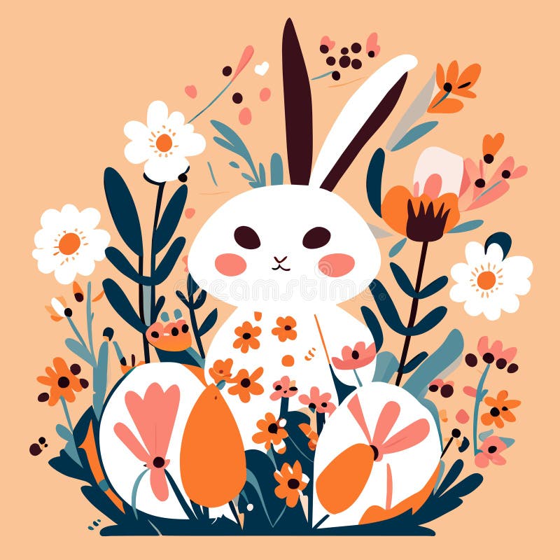 Cute Easter Bunny with Pink Flowers. Greeting Card Stock Illustration ...
