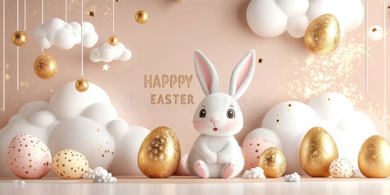 Cute Easter Bunny with Golden Eggs and Soft Clouds in Elegant Setting ...