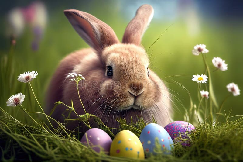 Cute Easter Bunny in Grass and Daisy Flowers Nest with Colorful Easter ...