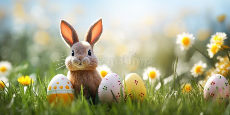 Easter Bunny in Green Grass with Painted Eggs, Sunny Day, Egg Hunt ...