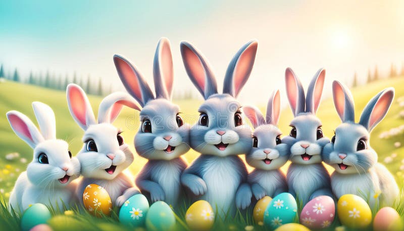Cute Easter Bunny Group with Easter Eggs in Grass Stock Illustration ...