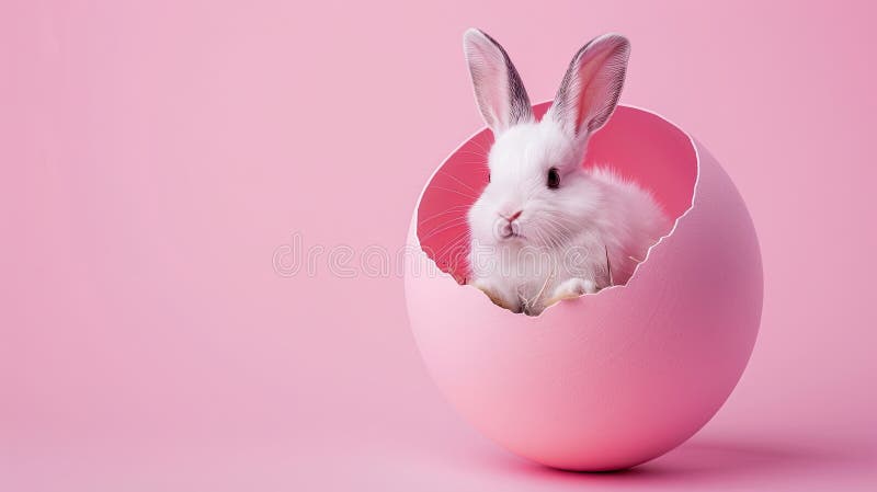 Cute Easter Bunny Hatching from Pink Easter Egg Isolated on Pastel Pink ...