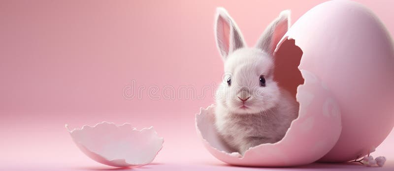Cute Easter Bunny Hatching from Pink Easter Egg, Isolated on Pastel ...